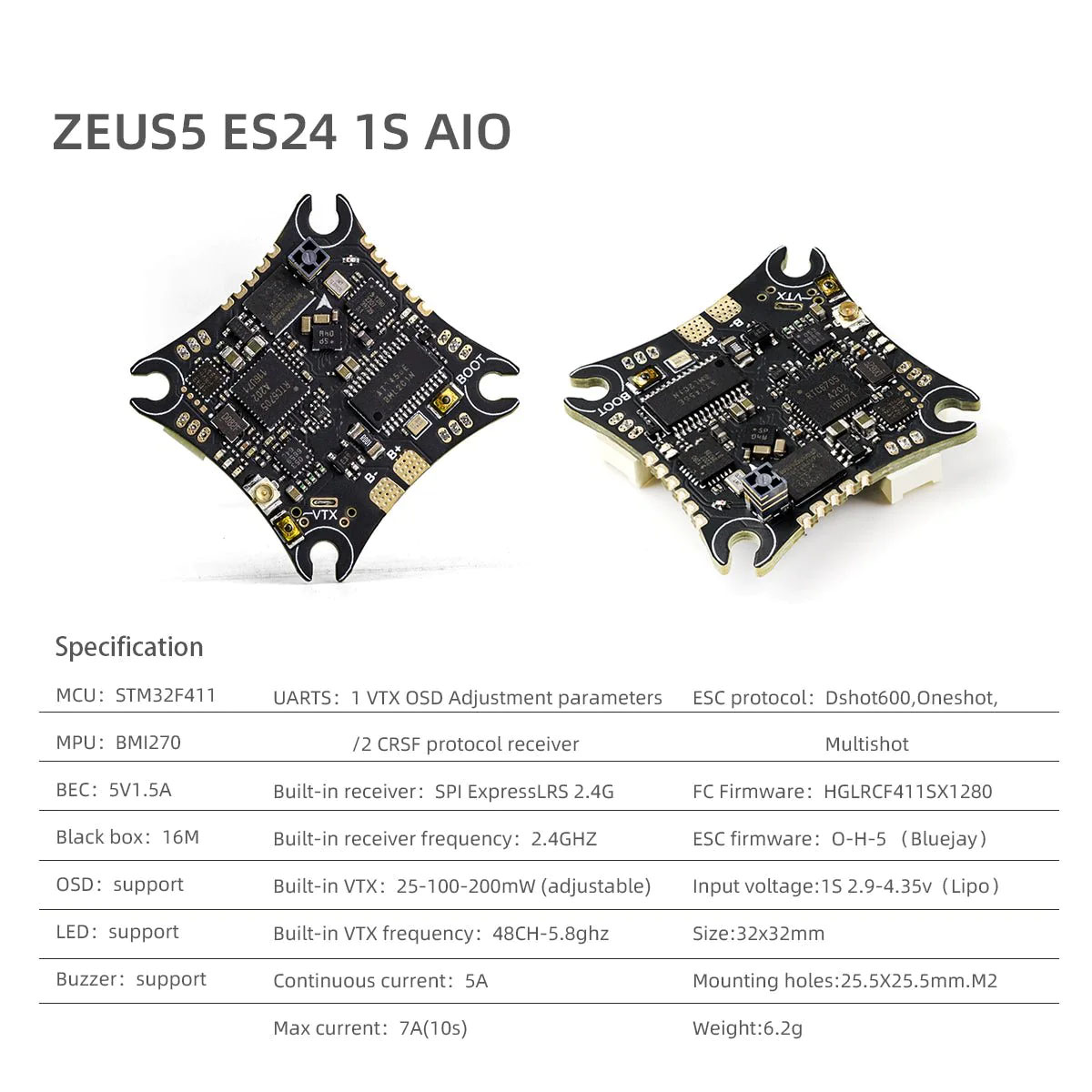 HGLRC Zeus5 ES24 1S AIO (FC+ESC+RX+VTX) ELRS 2.4G | Rotorama